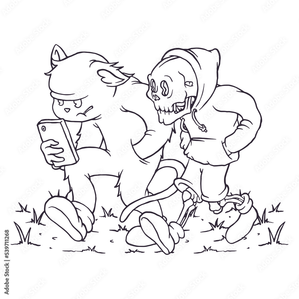 Coloring illustration of cartoon cat and skeleton mascots walking ...