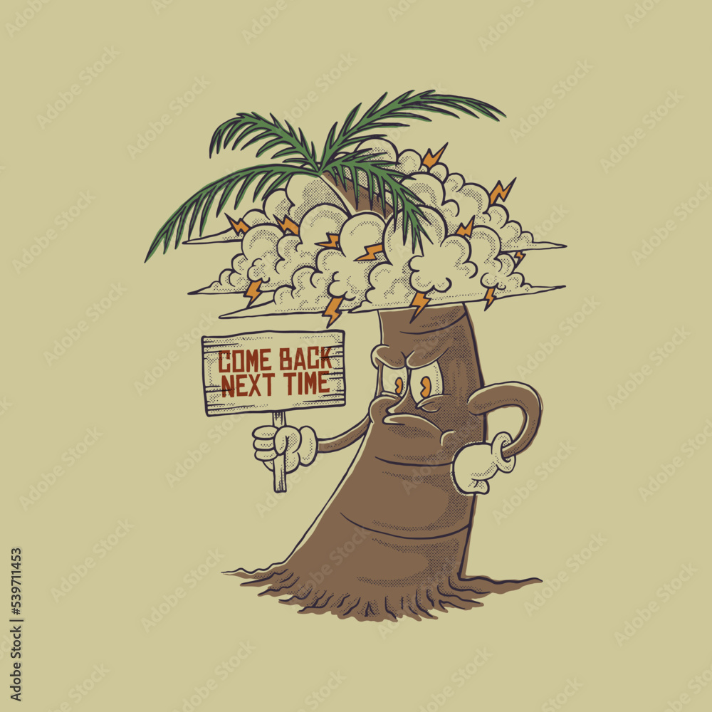 Cartoon illustration of grumpy palm tree mascot with retro style Stock ...