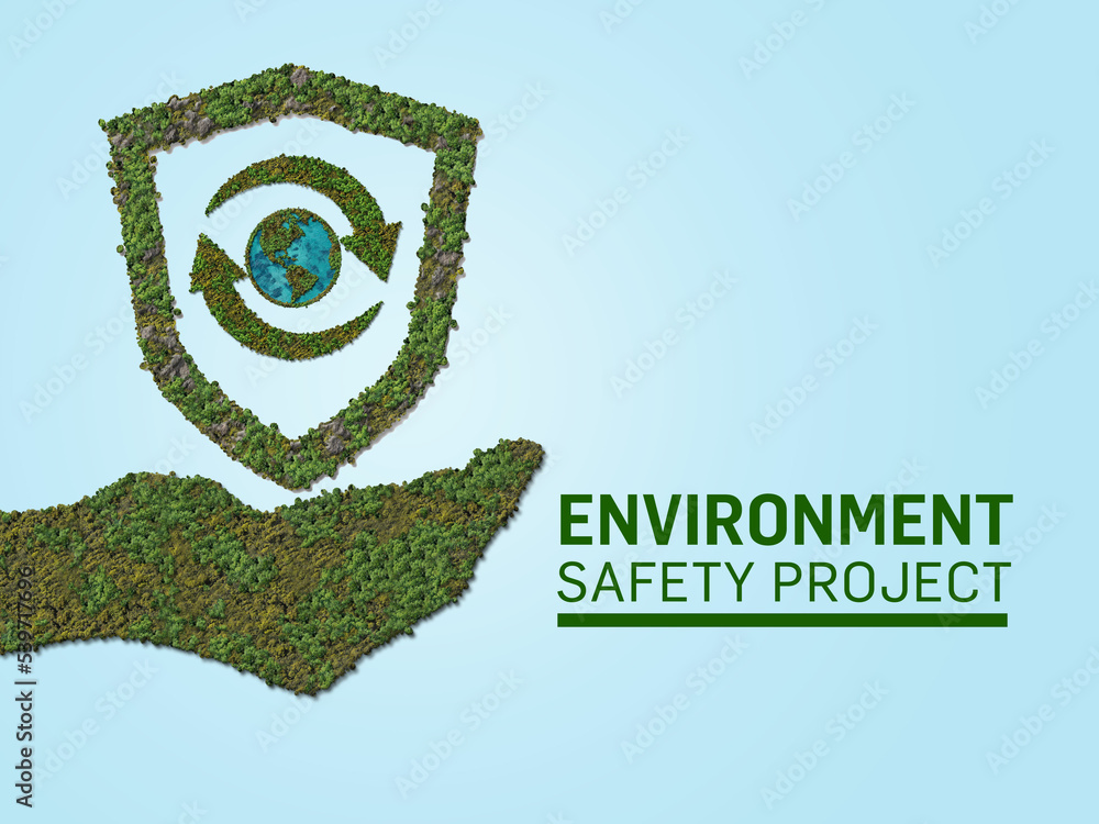 3D Hands holding green safety symbol. Save Earth concept. World ...