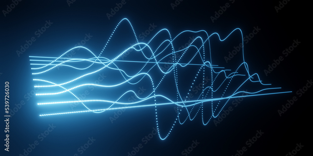 Bright glowing blue neon abstract wireframe sound waves dots ...
