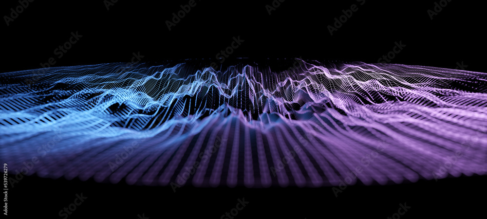 Illustration Of Blue And Purple Abstract Wireframe Sound Waves Visualization Of Frequency