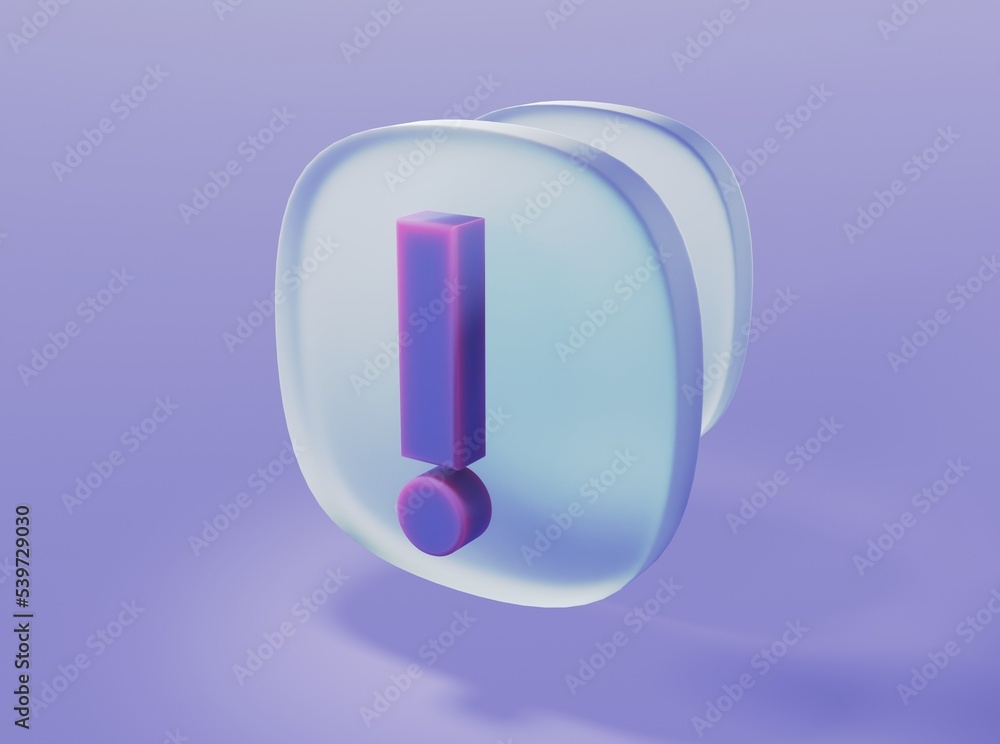 Violet exclamation mark in glassmorphism style on isolated background ...