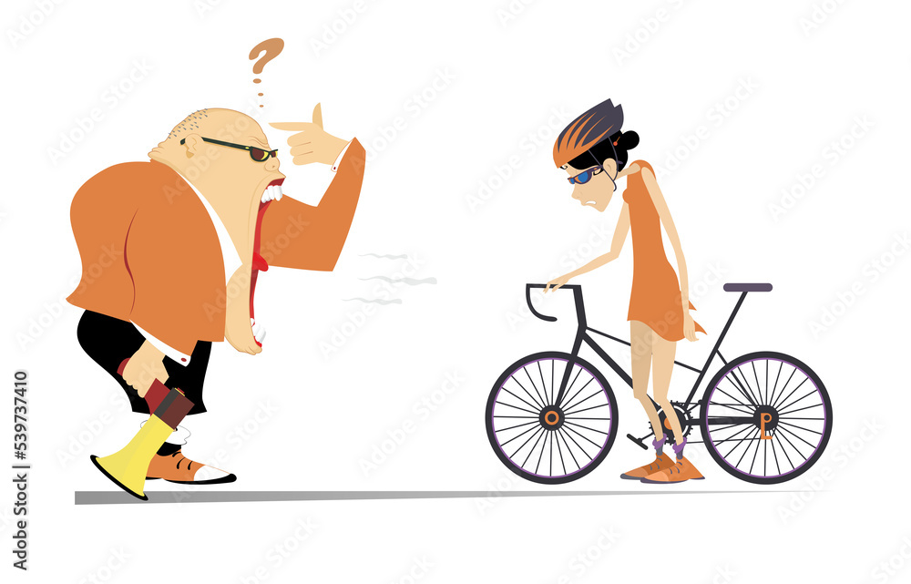 Cycling. Illustration of cyclist and angry coach. Strict trainer with ...
