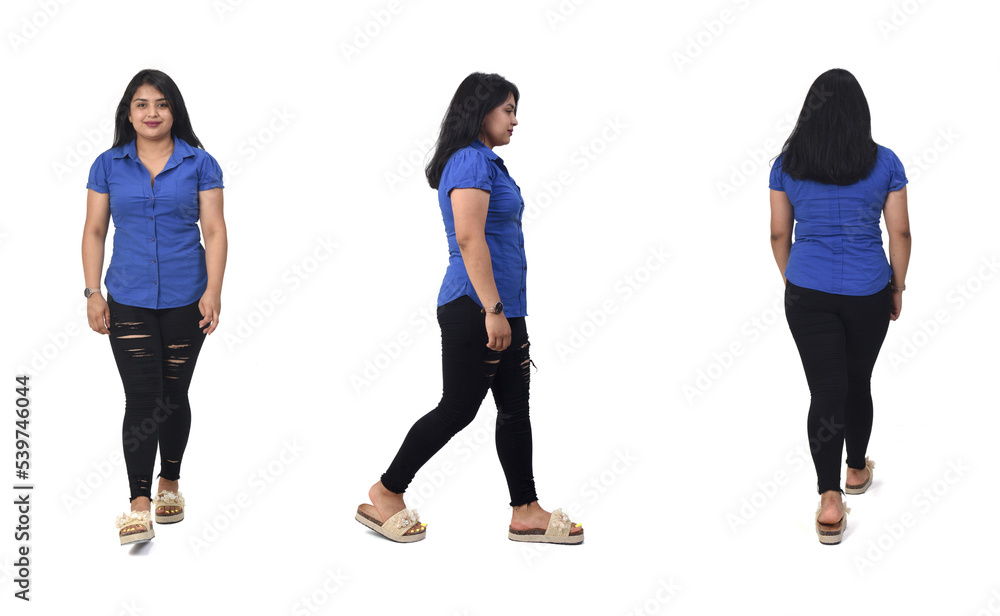 front, back and side view of same woman walking on white background ...