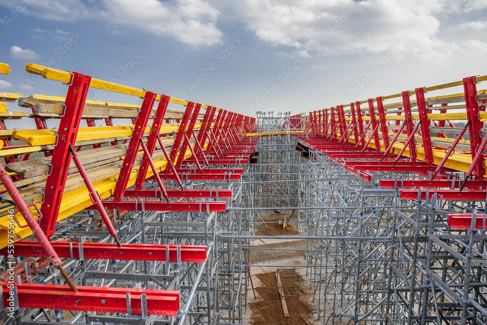 Beam transom system and scaffolding at bridge construction. Stock Photo ...