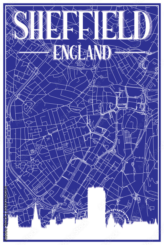 Blue vintage hand-drawn printout streets network map of the downtown ...