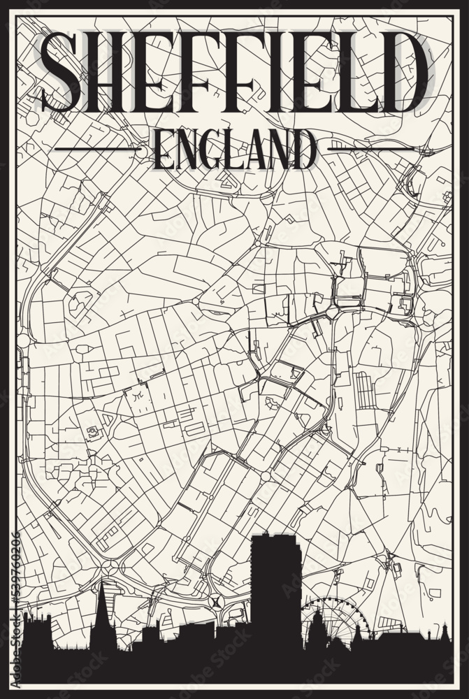 White vintage hand-drawn printout streets network map of the downtown ...