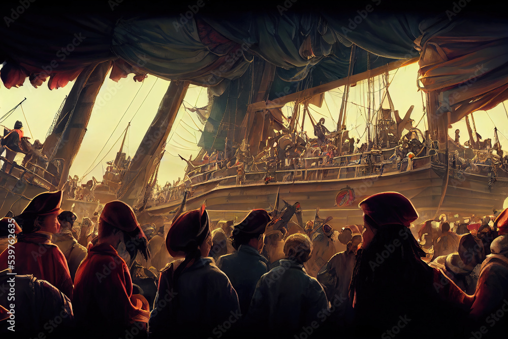 Digital concept art illustration featuring silhouettes of pirates stood ...