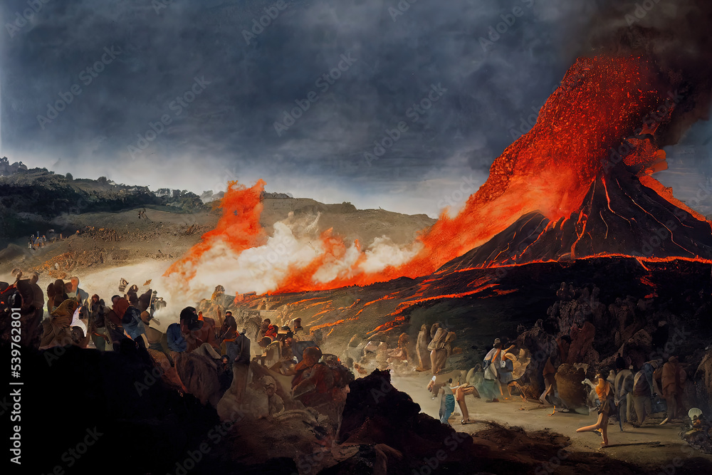 Historic reconstruction digital painting of the eruption of mount ...