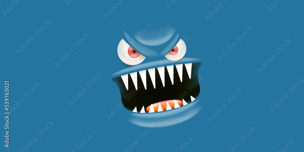 Vector angry blue monster face with open mouth with fangs and evil eyes ...