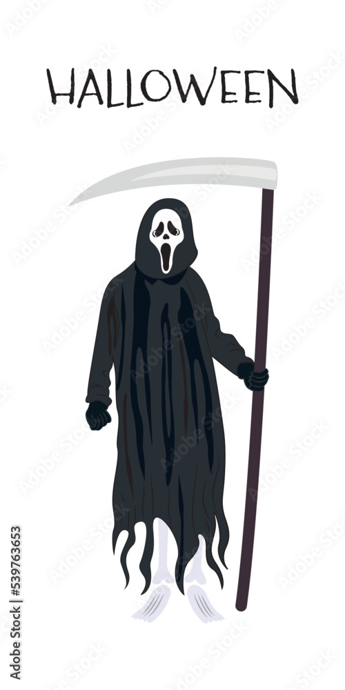 Halloween poster. Masked grim reaper with a scary face waiting with his ...