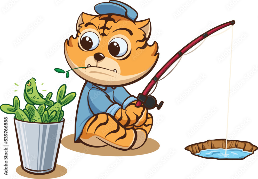 Cartoon illustration design of a tiger fishing Stock Vector | Adobe Stock