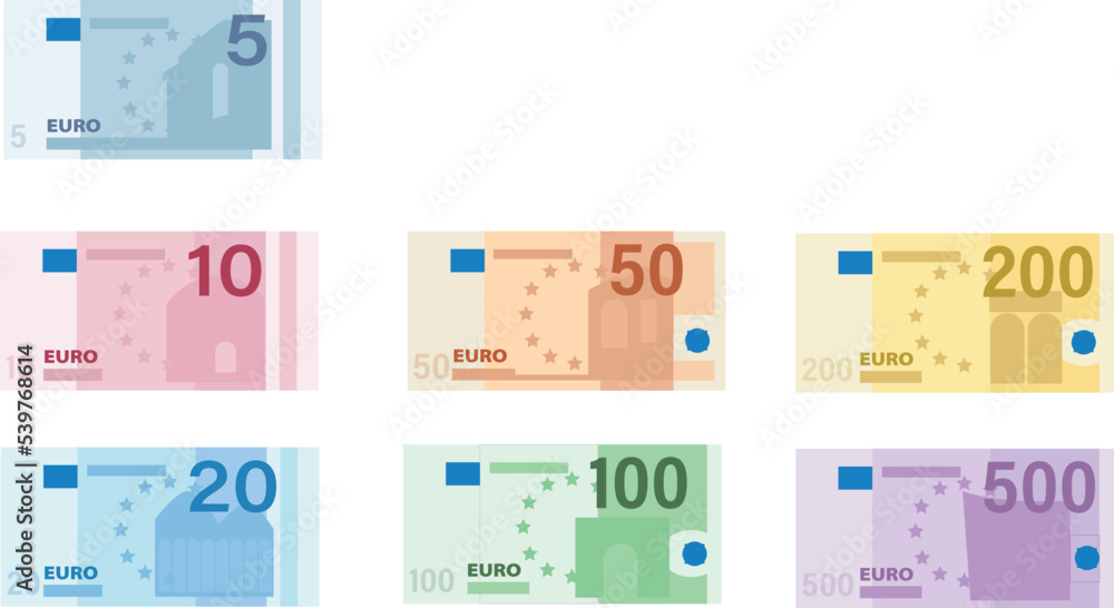 Vetor de All euro banknotes 5, 10, 20, 50, 100, 200 and 500, euros ...