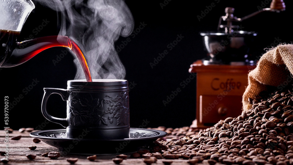 Coffee being poured into a cup up close, on a black background, with ...