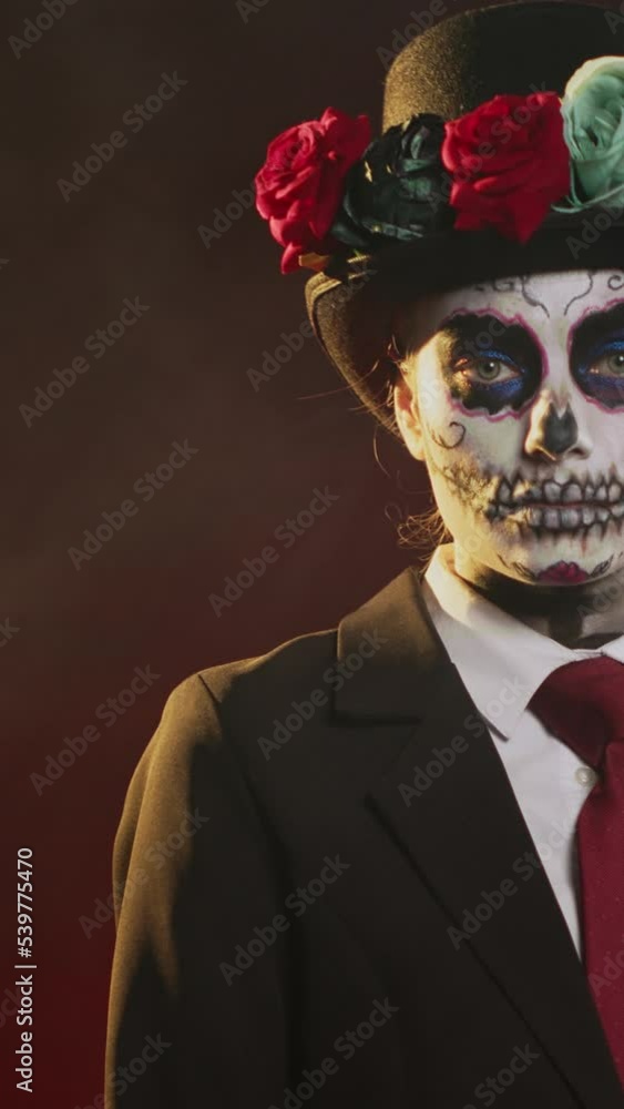 Vertical video: Spooky goddess in halloween costume with skull make up ...