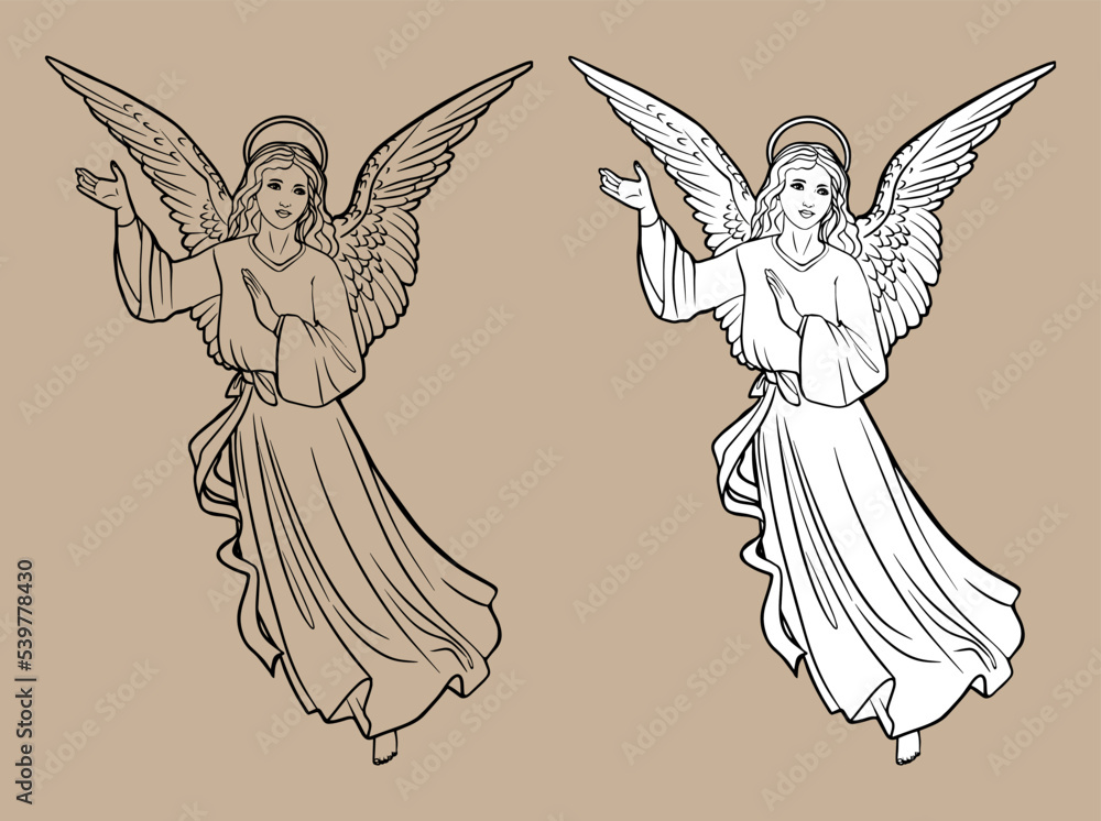 Angel Sketch. Christmas Christian Christmas drawing with black lines ...