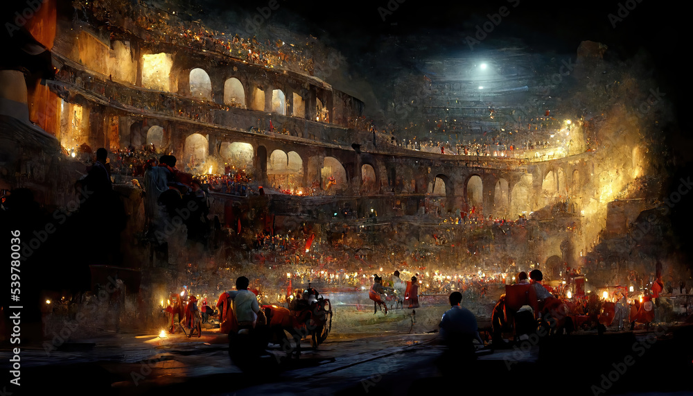 AI generated image of a large crowd watching a chariot race and gladiator fight in the Colosseum ...