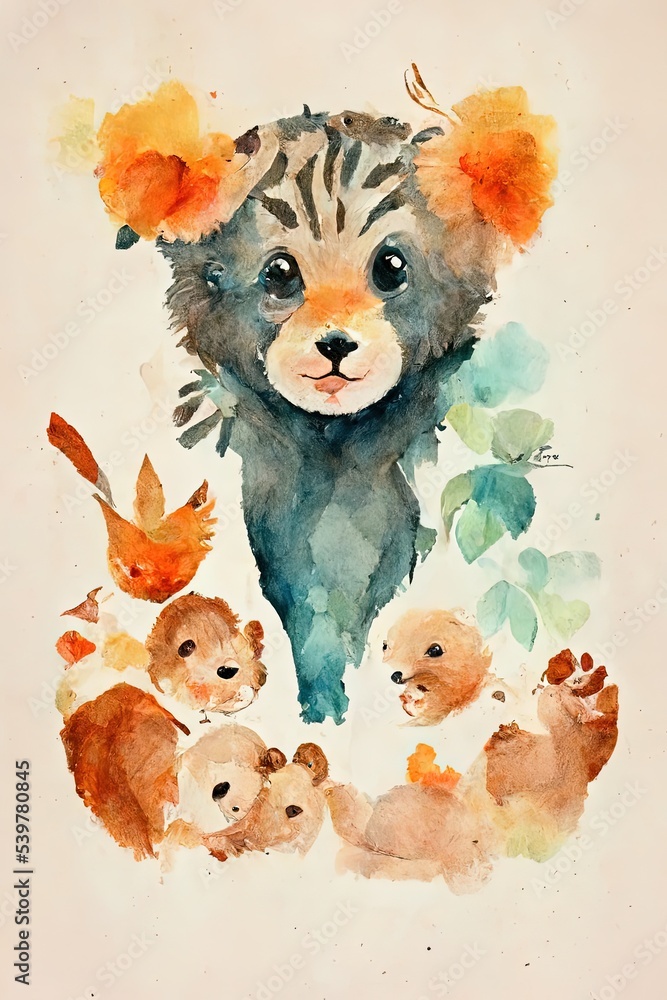 Nursery baby animals, cute liitle animals in watercolor painting. Stock ...