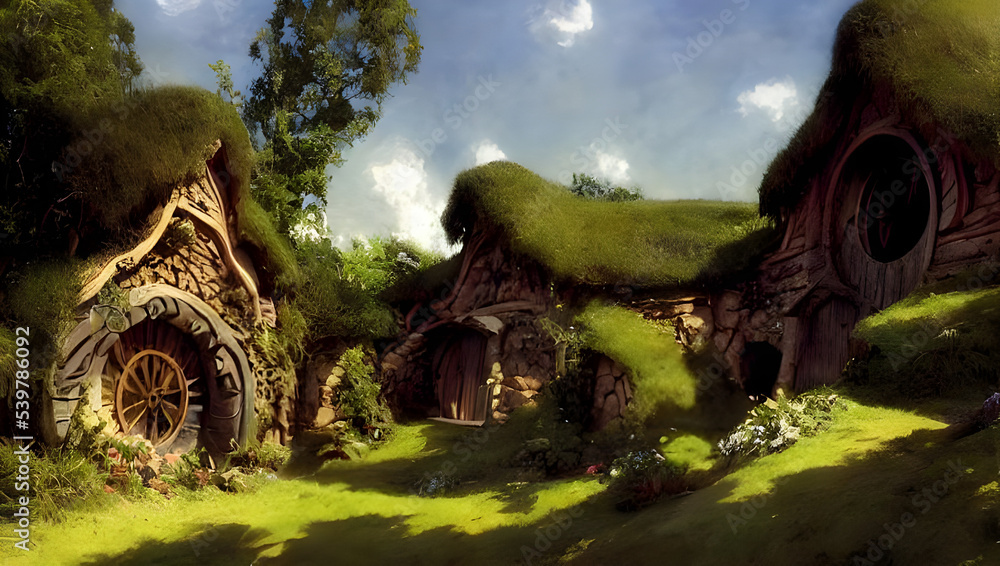 the shire / hobbiton - green hills with trees and hobbit house ...