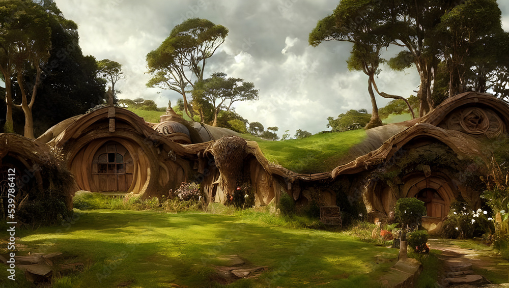 the shire / hobbiton - green hills with trees and hobbit house ...