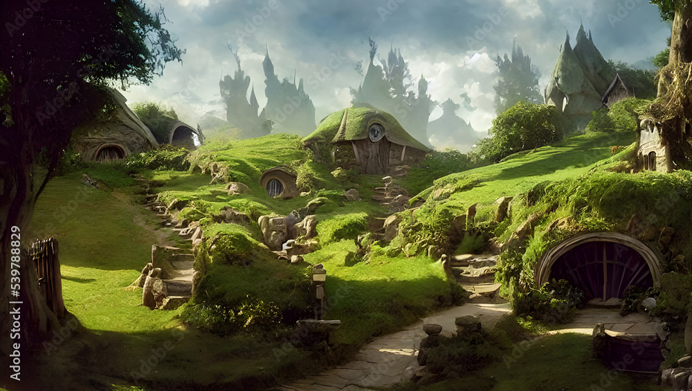 Fototapeta kuchenna the shire / hobbiton - green hills with trees and ...