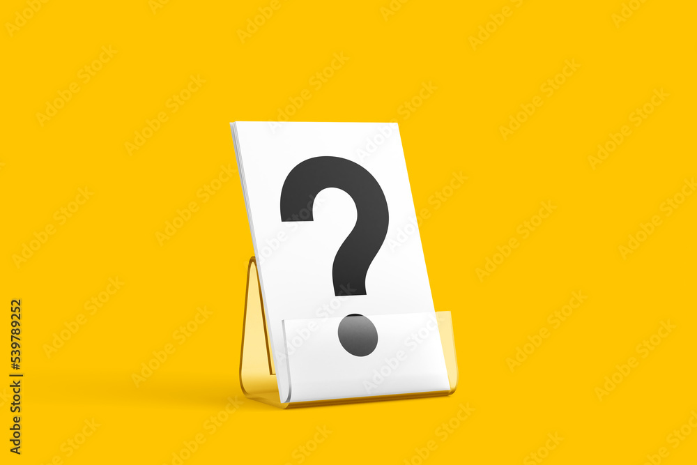 Question mark design with transparent flyer stand on yellow background ...