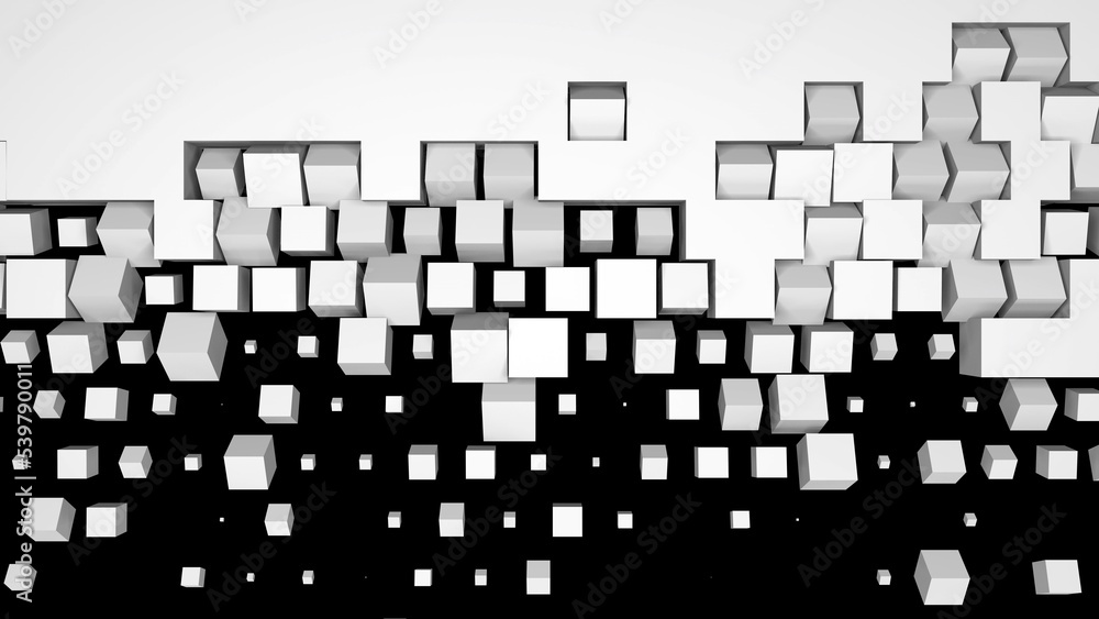 3D rendering of a white wall fragmentation into cubes isolated on a black background. Geometric ...