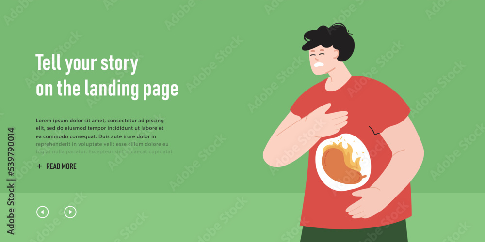 Man with stomachache and gastric abdominal pain, fire in stomach ...
