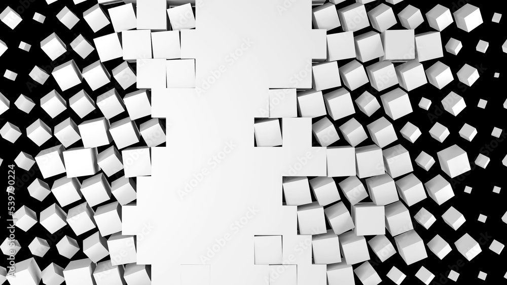 3D rendering of a white wall fragmentation into cubes isolated on a ...