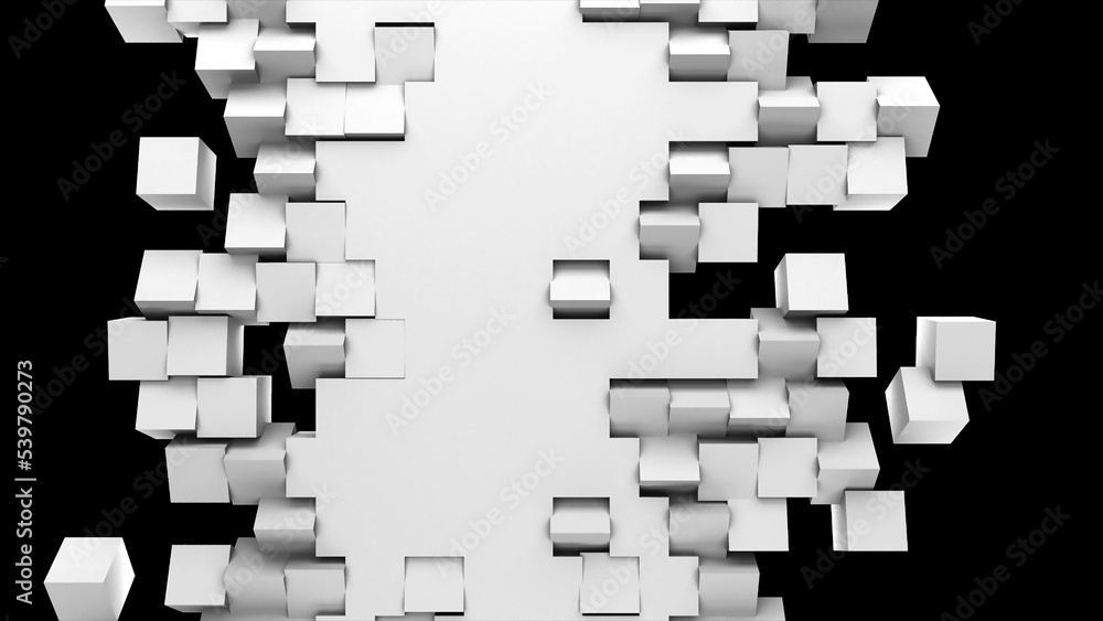 3D rendering of a white wall fragmentation into cubes isolated on a ...