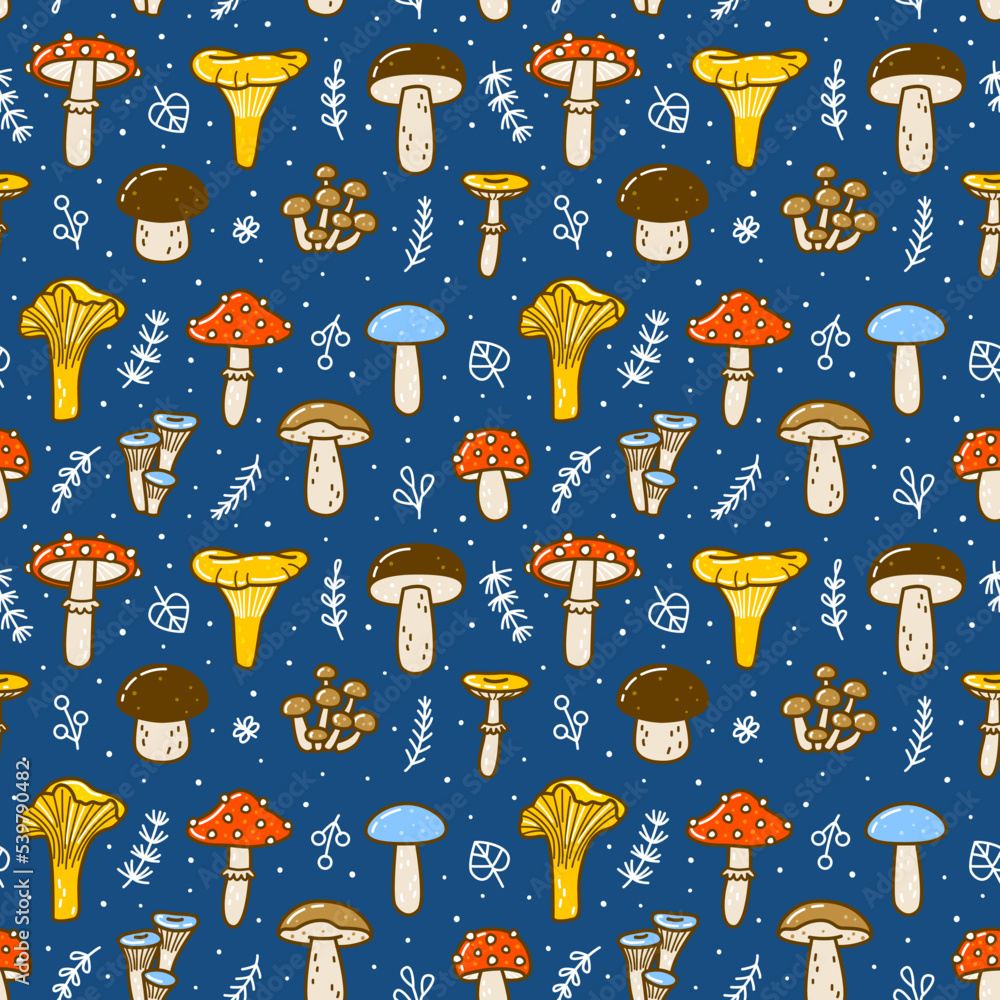 Seamless pattern with cute cartoon mushrooms and leaves - autumn ...
