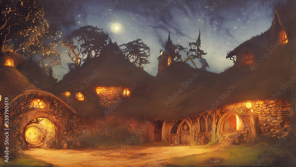 the shire / hobbiton at night - green hills with trees and hobbit house ...