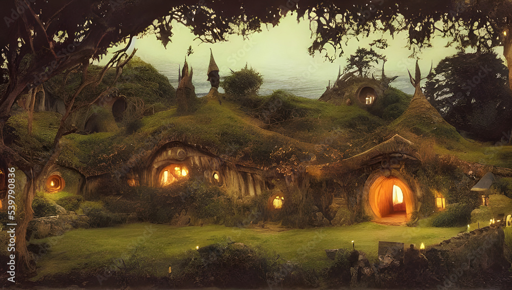 Fototapeta the shire / hobbiton at night - green hills with trees and ...