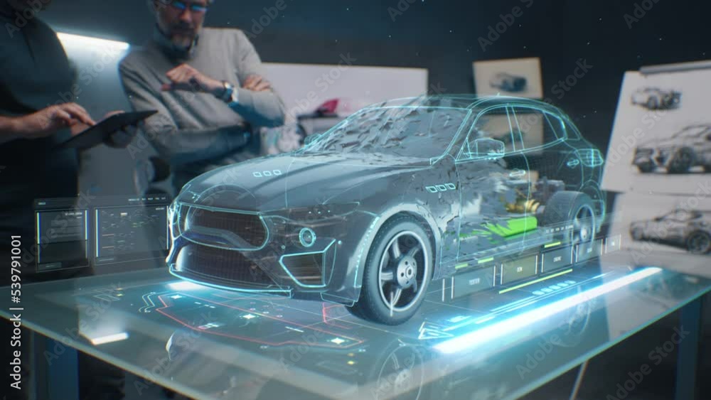 Car design engineers using holographic app in digital tablet. Develop ...