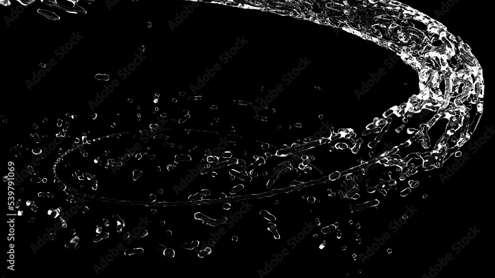 3D rendering simulation of water flow with drops and splashes on black ...