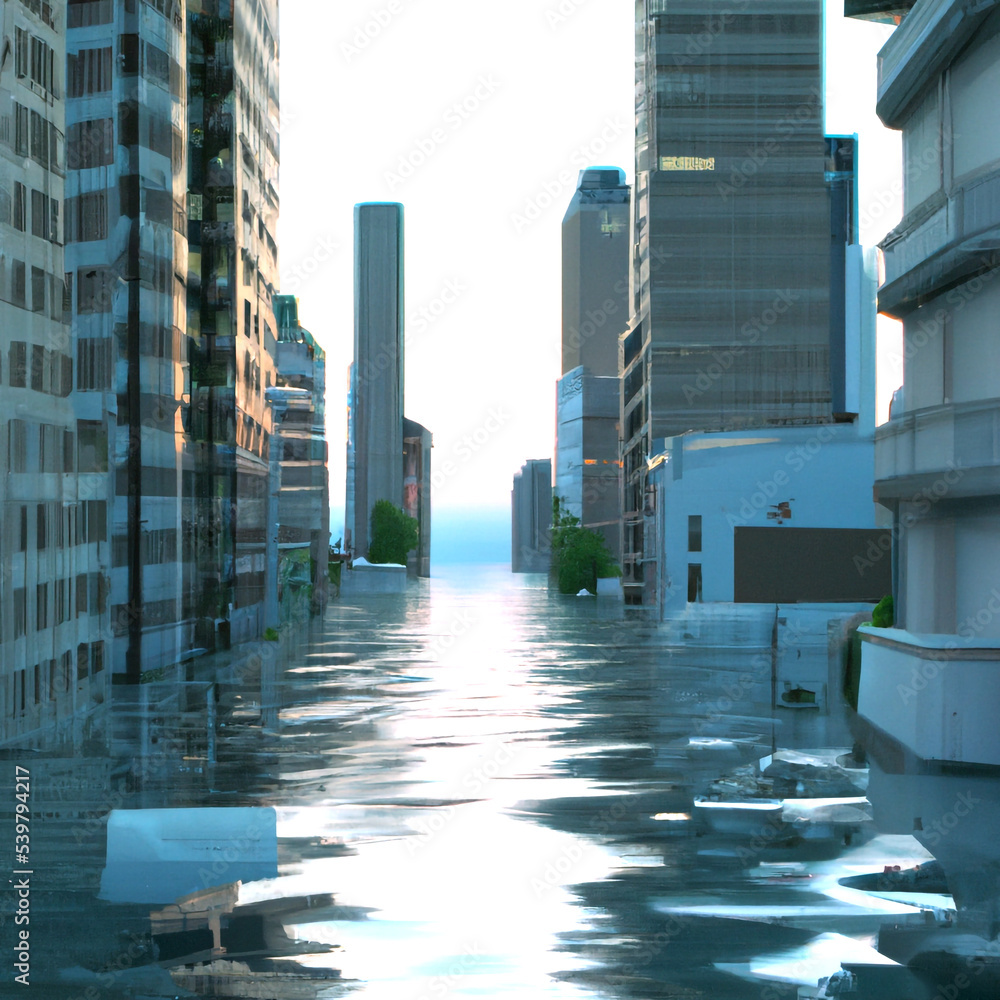Digital illustration of big city with sea level rising between ...