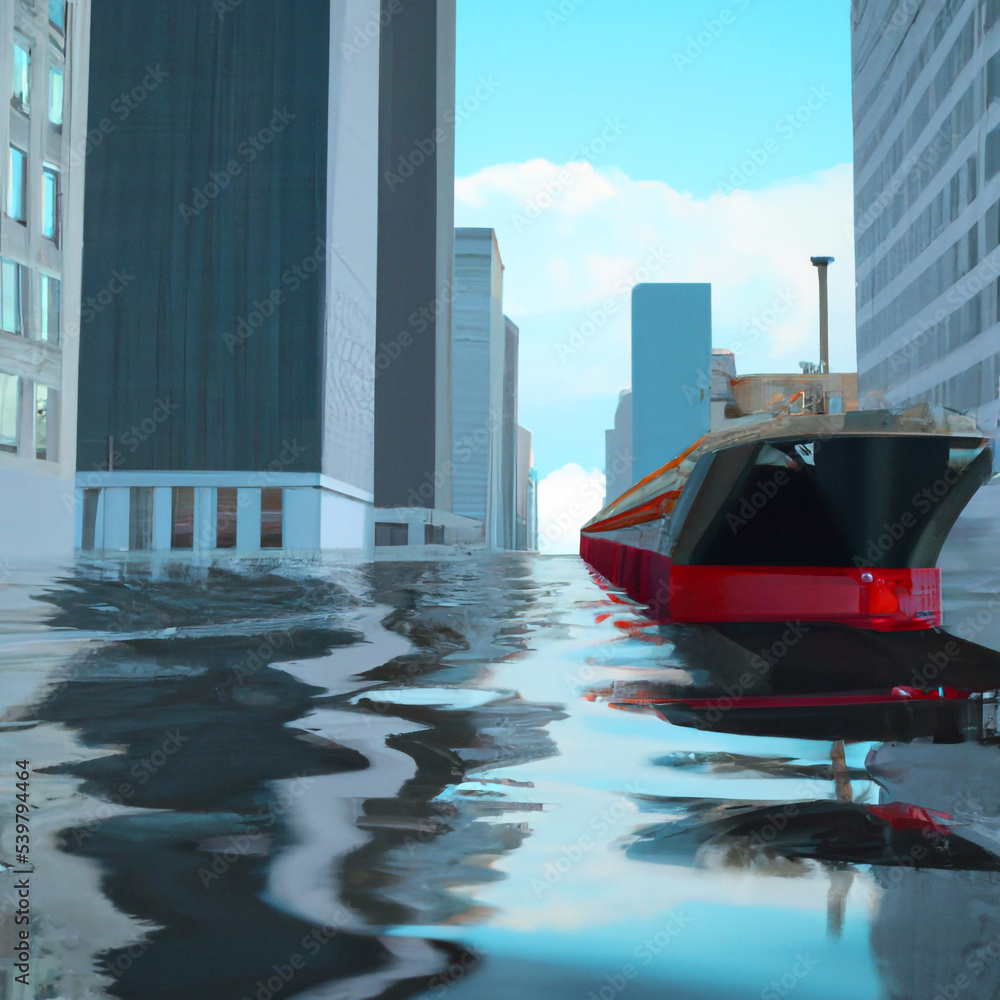 Digital illustration of oil tanker in a big city with sea level rising ...