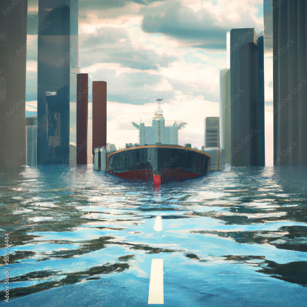 Digital illustration of oil tanker in a big city with sea level rising ...