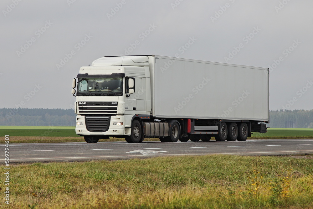 DAF XF white semi truck drive on countryside highway road on green ...
