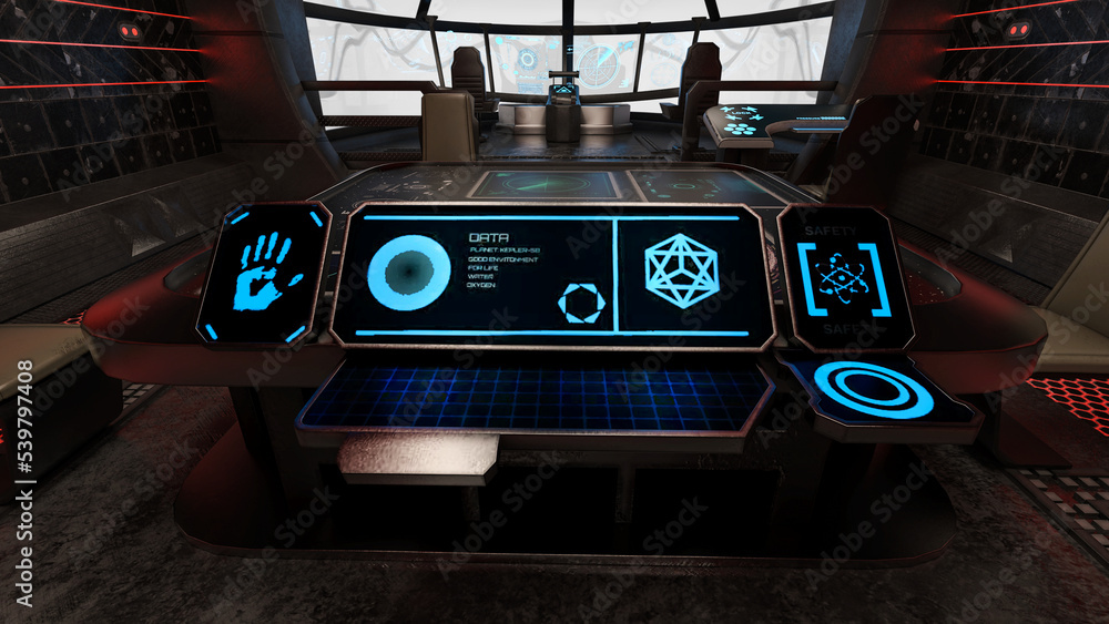 main control panel on space cockpit first person view Stock ...