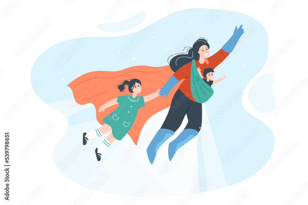 Vetor de Super mother flying with kids flat vector illustration ...