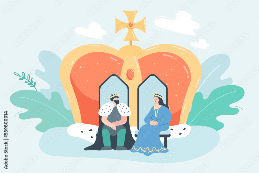 Happy royal family sitting on thrones with crown in background. Cartoon ...
