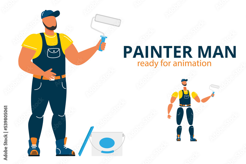 Character of painter man. Front view of repairman in uniform holding ...