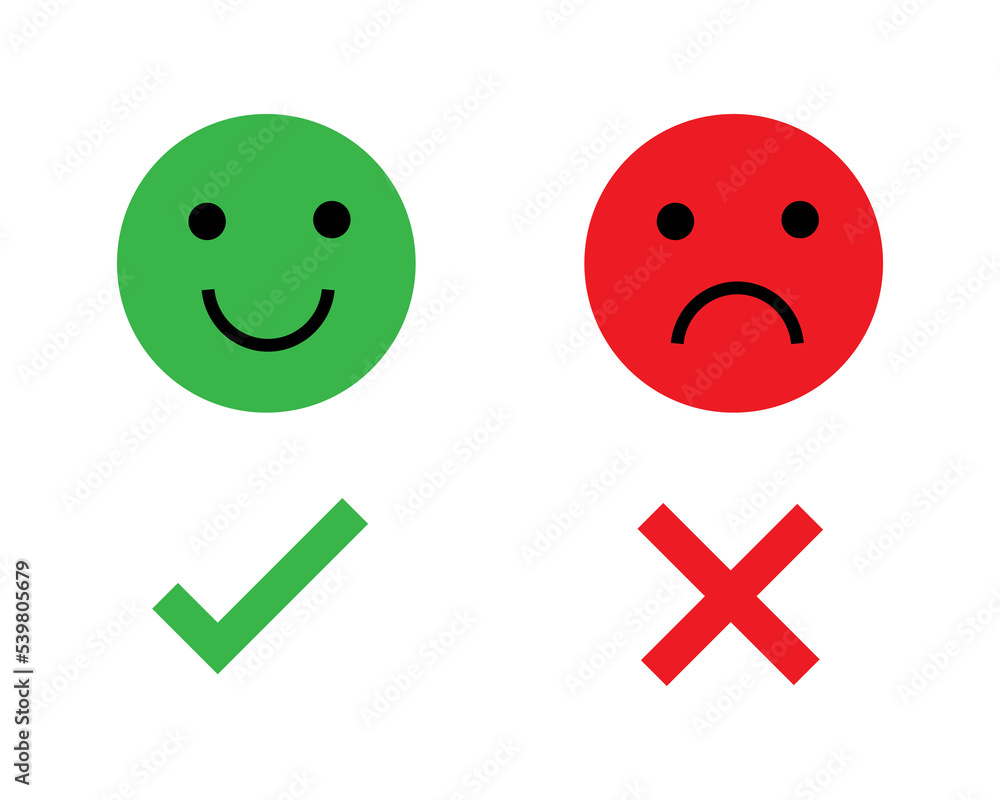 The right and wrong mark. Emoji shows feelings of happiness and sadness ...