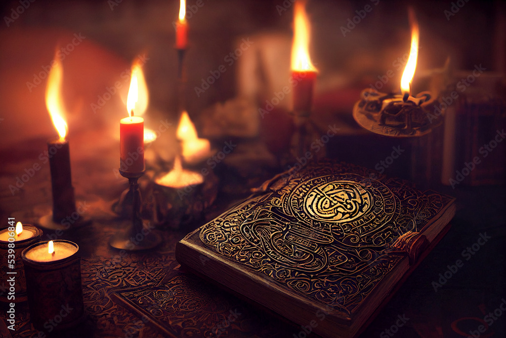 Magic book with sigil symbol on the cover and with candles in the ...