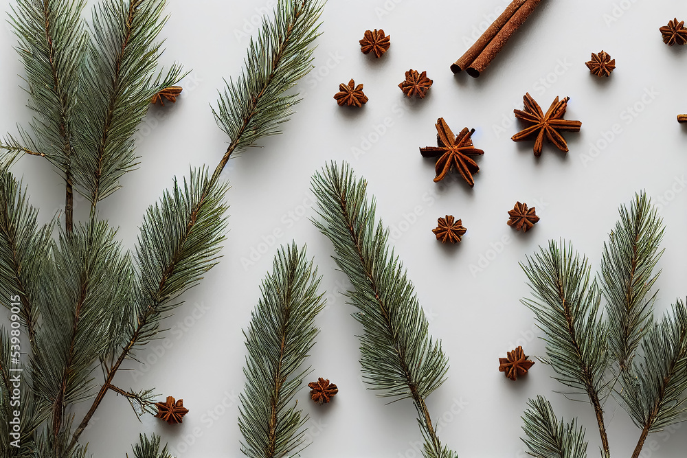 Flat layout of pine tree branches, cinnamon sticks and cloves on a ...