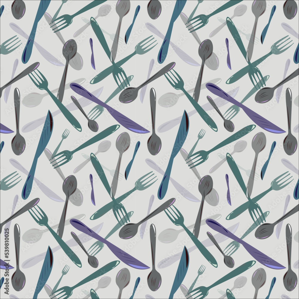 Seamless pattern of kitchen utensils dark blue gray, teal blue, ming ...