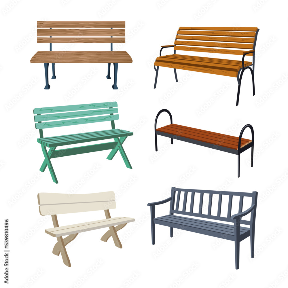 Various wooden park benches cartoon illustration set. Colorful garden ...
