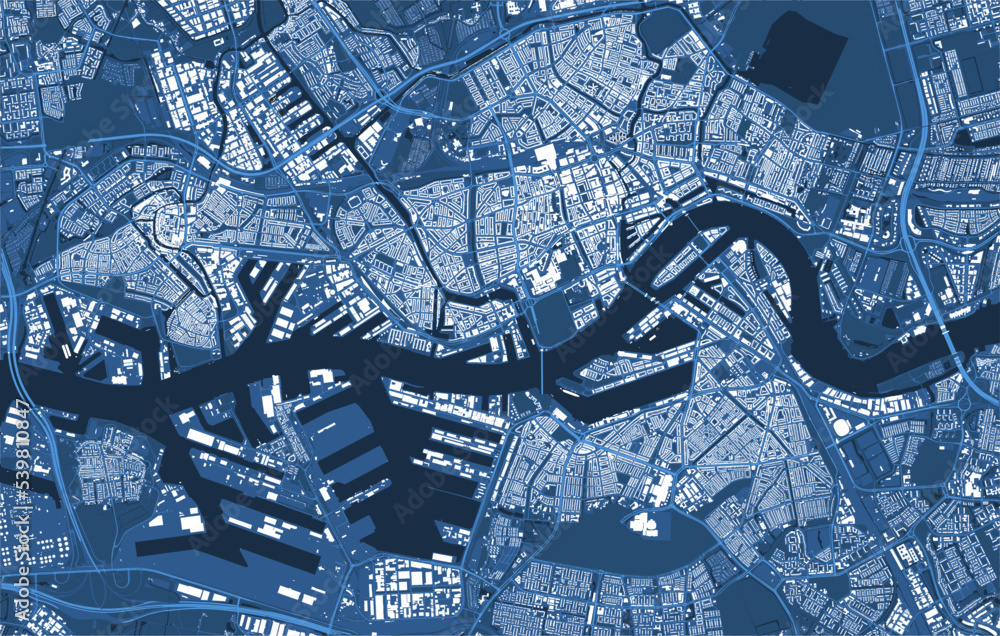 Detailed blue vector map poster of Rotterdam city, linear print map ...