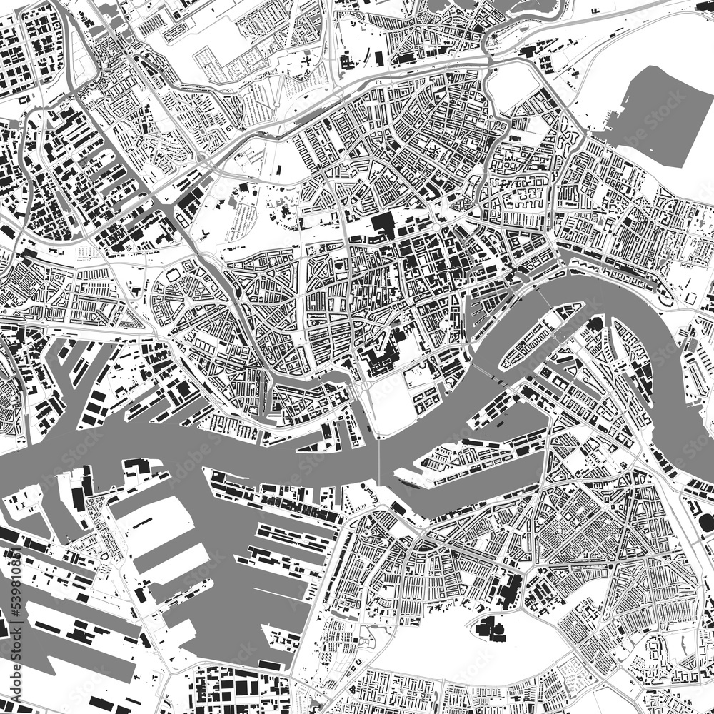Urban city map of Rotterdam. Vector poster. Black grayscale black and ...